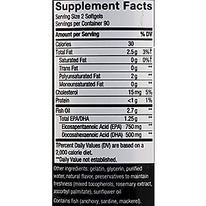 Nature's Way Ultra Pure Omega3 Fish Oil, 1250 mg EPA/DHA, Mint, 180 Softgels