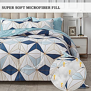 FlySheep Bed in a Bag 7 Pieces Queen Size, Modern Blue Triangles Geometric Style, Microfiber Comforter Sheet Set (1 Comforter, 1 Flat Sheet, 1 Fitted Sheet, 2 Pillow Shams, 2 Pillowcases)