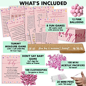 Baby Shower Games for Girl Dont Say Baby, Tummy Tape, Bingo Game Cards and Baby Shower Decorations for Girl, 10 Fun Games, 25 Pens, 100 Acrylic Pacifiers, Clothespins, Balloons