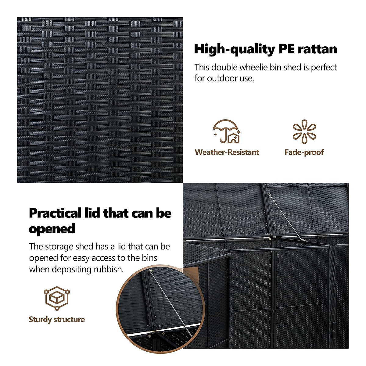 vidaXL Double Wheelie Bin Shed with Lid and Lockable Doors, Outdoor Garbage Bin Storage Shed, Weather-Resistant Sturdy Construction, Poly Rattan 31.5"x58.3"x43.7" Black