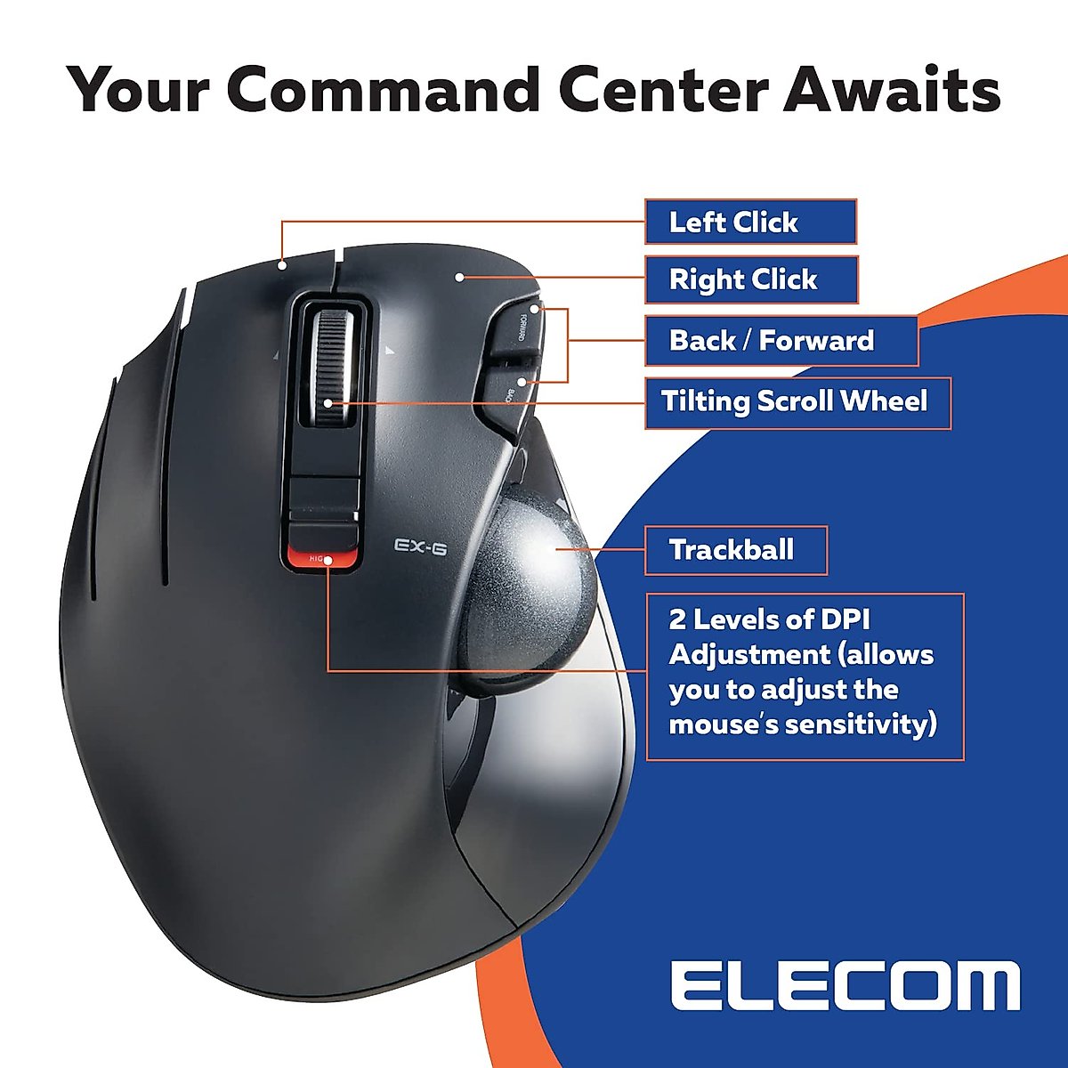 ELECOM EX-G Left Handed Trackball Mouse, 2.4 GHz USB Wireless, Ergonomic, Thumb Control, Tracking Roller Ball, 6 Programmable Buttons, Tilt Scroll