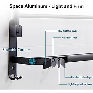 Towel Racks for Bathroom 24 inch, Matte Black Towel Rack Wall Mounted with Double Shelf, Bathroom Towel Shelf with Towel Bar, Rustproof Wall Towel Rack with Hooks, Adhesive Bath Towel Holder
