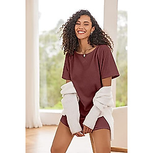 Ekouaer Women Cover Ups for Soft O Neck Beach Pajamas for Women Short Sleeve Shirt Coverup Purplish Red S