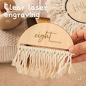 Boho Baby Monthly Milestone Cards | 7 Pcs Wooden Double Sided Discs from Newborn to 1 Year | Baby Gift Sets incl. Hello World Baby Birth Announcement Sign for Baby Shower & Photo Props