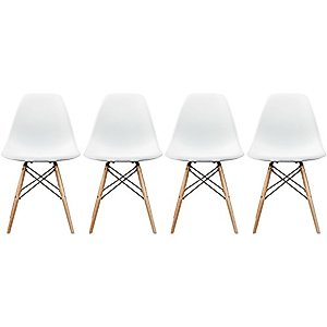 2xhome Modern Plastic Side Dining Chairs No Arms with Back Natural Wood Wooden Legs, Set of 4, White, Set of 4