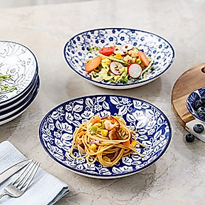 Selamica 8 inch Porcelain Oval Serving Bowls for Salad, Dessert, Oven Safe, Dinner Plates, Pasta Bowls Set of 6 (Vintage Blue)