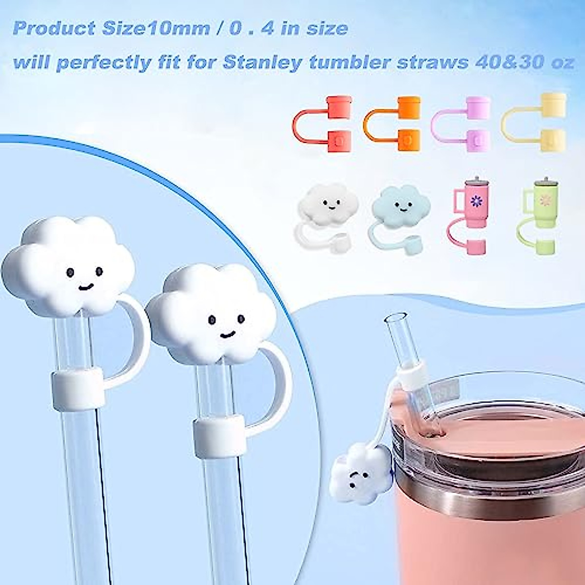 GLBEAR 8Pcs Silicone Straw Tips Cover Compatible with Stanley 30&40 Oz Tumbler, 10mm/0.4in Cloud Shape Straw Covers Cap,Straw Protectors, Straw Tip Covers for Stanley Cups Accessories