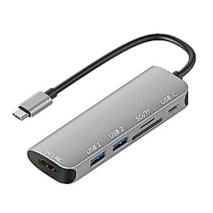 USB C Hub 6 in 1 Type-C Adapter Multiport (USB 3.0 * 2+SD/TF Card Reader+4K HDMI+Type-C Port 60W PD) SHARLLEN Compatible for MacBook Pro/iPad Pro/HW MateBook/Chromebook and Other Type C Devices(Gray)