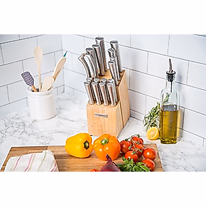 Knife Block Set - 17 Pieces - Includes Solid Wood Block, 6 Stainless Steel Kitchen Knives, Set of 8 Serrated Steak Knives, Heavy Duty Poultry Shears, and a Carbon Steel Sharpening Rod