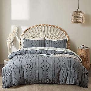 BEDAZZLED Duvet Covers King Size,3pcs Soft and Embroidery Shabby Chic Boho Bedding Sets,100% Washed Microfiber Tufted Comforter Cover Set,Dark Grey