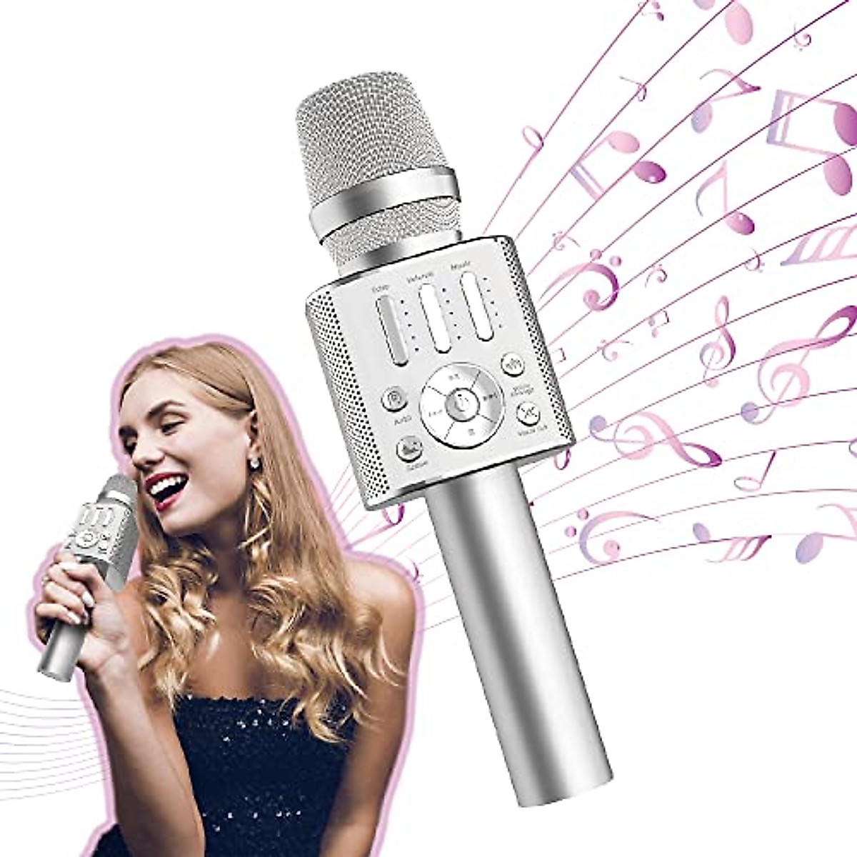 Gigastone] Bluetooth V5.0 Karaoke Microphone Wireless Portable Handheld, Speaker 10W, Voice Change, USB Driver & 3.5mm Jack, Home Party for iOS Android PC All Smartphone