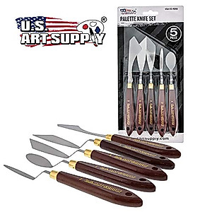 U.S. Art Supply 5-Piece Artist Stainless Steel Palette Knife Set - Wood Hande Flexible Spatula Painting Knives for Color Mixing Spreading, Applying Oil, Acrylic, Epoxy, Pouring Paint on Canvases, Cake