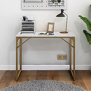 Ckofgdsue 32 Inch Small Computer Desk for Bedroom，Sturdy Wooden Home Office Desk for Small Spaces，Simple Modern Style Tables with Metal Desk Legs Writing Study Table for Adults&Kids,White Gold
