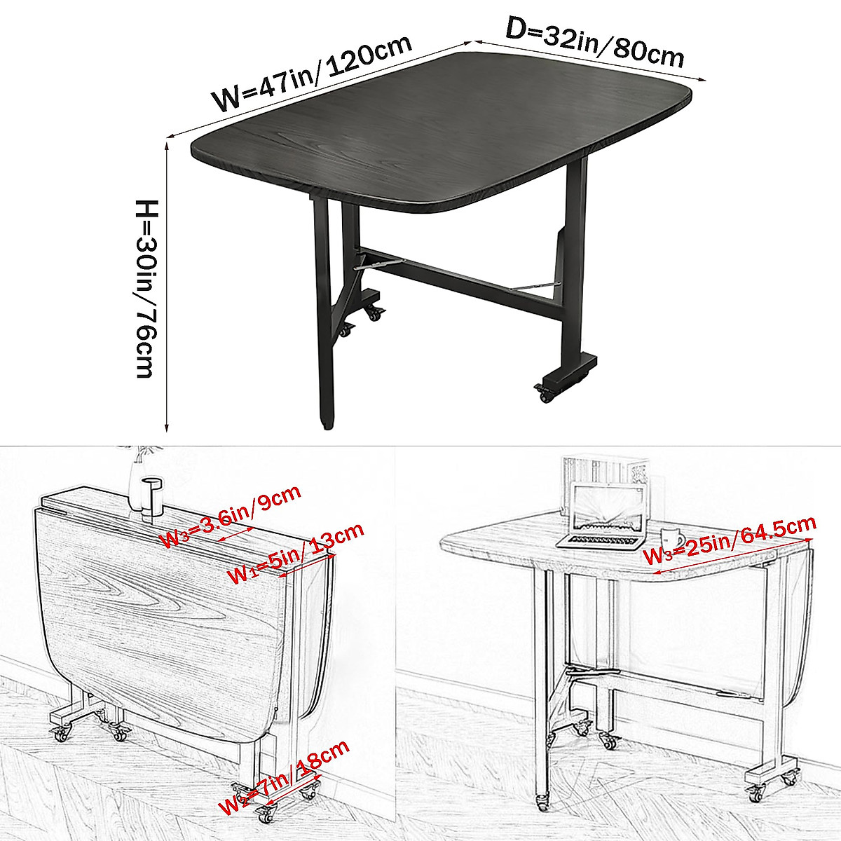 Rukulin Multifunction Table Drop Leaf Dining Table - 47" Wooden Foldable Kitchen Table with 6 Wheels (Black)