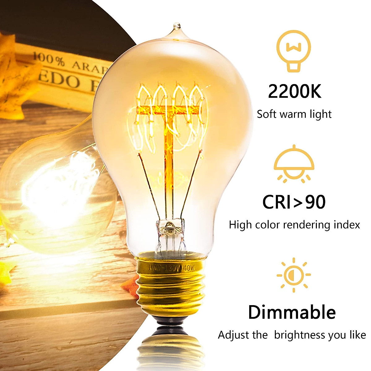 Sevici Edison Bulbs, A19 Bulbs 6 Pack, Dimmable 120V 40W Vintage Amber Glass, 240 Lumens E26 Base, Retro StyleIncandescent Bulbs, 2200K Warm Yellow Light, for Home Office Desk Lamp Stand