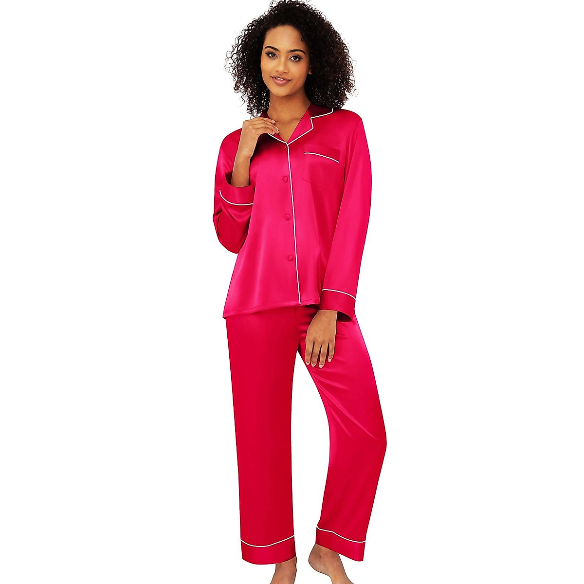 Womens Silk Satin Pajamas Set Sleepwear Loungewear Red 2XL