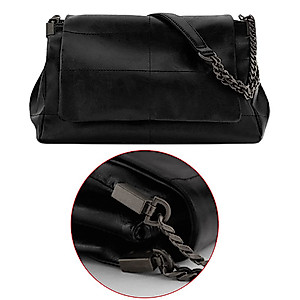 Womens Vintage Black Rock Style Flap Single Shoulder Bag with Chain Strap Faux Leather Luxury Zipper Messenger Handbag Pack Purse Chain Strap Faux Leather Purse