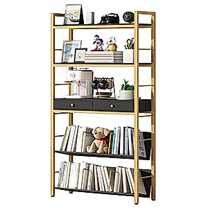 YAOHUOO Bookshelf with 2 Drawers-31.5” Widen Industrial Book Shelf with Bookend, 5 Tiers Tall Storage Shelves, Steel Frame Display Rack, Suitable for Bedroom,Office,Living Room,Bathroom