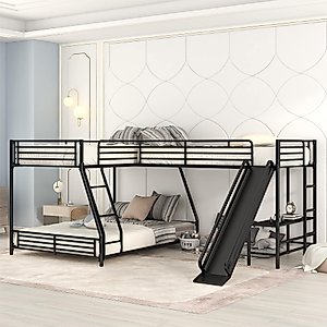 Merax Metal L-Shaped Twin Over Full Bunk Bed with Twin Size Loft Bed, Built-in Desk and Slide, Black