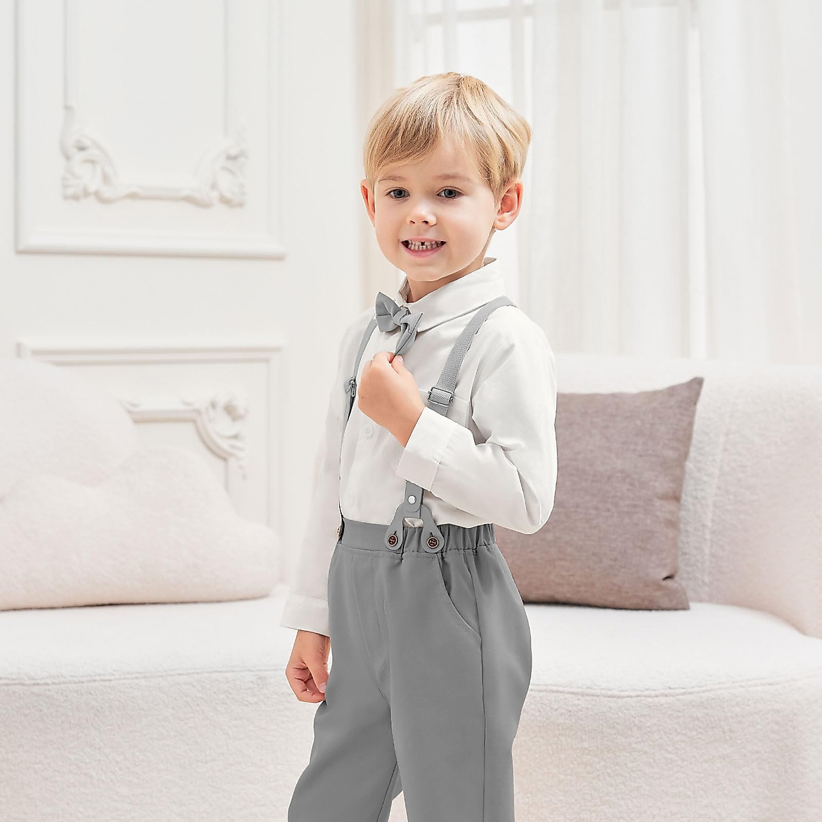 ALINTU Toddler Dress Clothes, Long Sleeve Dress Shirt + Suspender Pants Set, Gentleman Outfits for Boys, Grey, 2-3T = Tag 100
