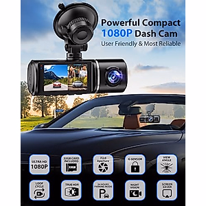 Dash Cam, 3 Channel Dash Cam, 1080P Dash Cam Front and Inside, Triple Dash Cam Front and Rear Inside, Dash Camera with 32GB Card, HDR, G-Sensor, 24Hr Parking, Loop Recording
