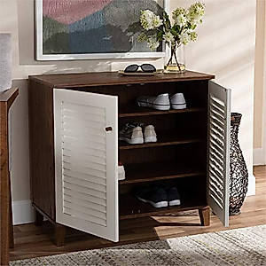 Baxton Studio Coolidge Modern and Contemporary White and Walnut Finished 4-Shelf Wood Shoe Storage Cabinet