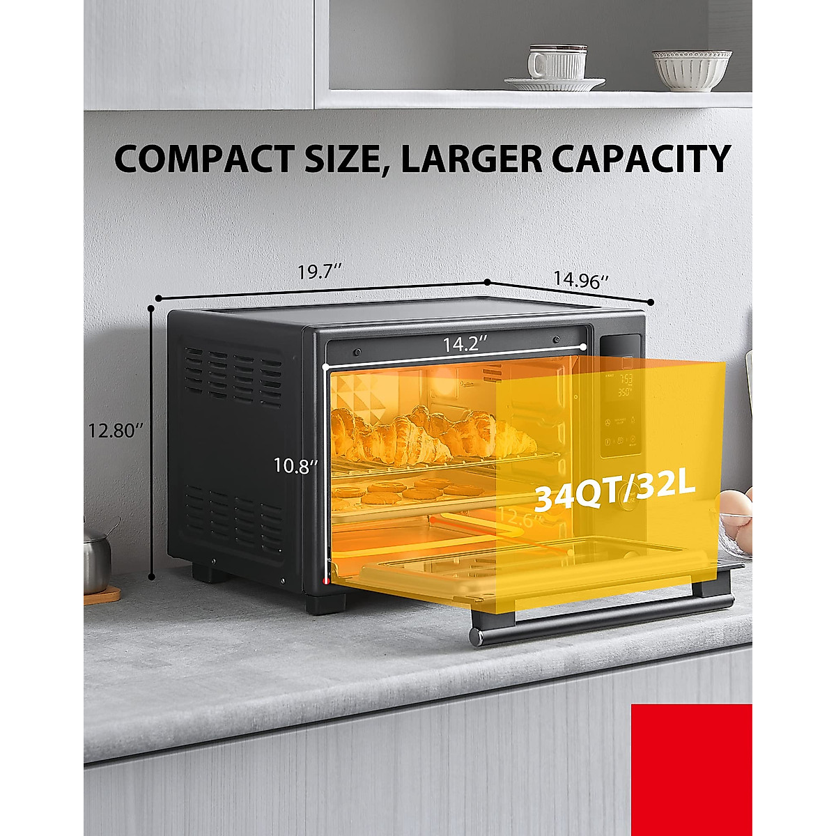 TOSHIBA Hot Air Convection Toaster Oven, Extra Large 34QT/32L, 9-in-1 Cooking Functions, Crispy Grill, Dehydrate, Rotisserie, 6 Accessories Included, 1650W, Black Stainless Steel