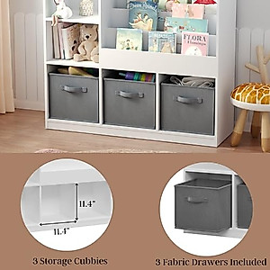 AOCOROE Kids Bookshelf, Wooden Bookcase, Toy Storage Cabinet Organizer with 4-Tires Bookshelf, Book Organizer with 3 Collapsible Fabric Drawers