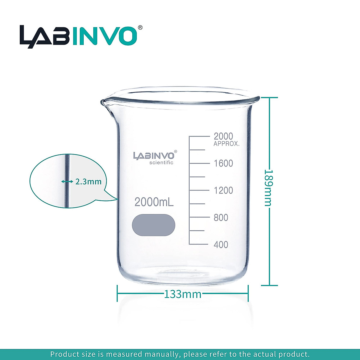 LABINVO Low Form Graduated Glass Beaker, Vol.2000ml/2l Beakers, 3.3 Borosilicate Glass Beaker Set, IN-BKL2000