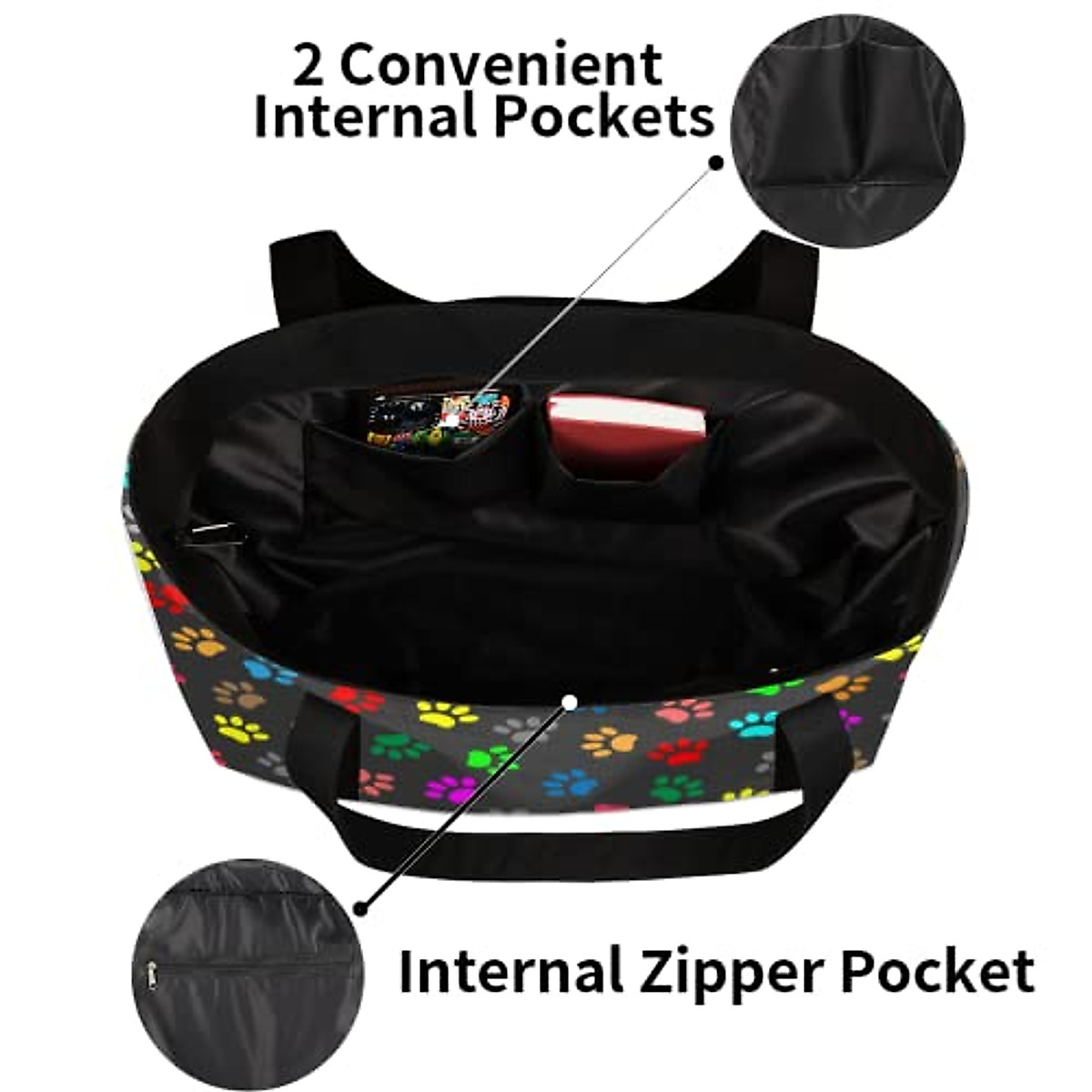 Colorful Cat Dog Paw Canvas Totes Shoulder Bag for Women Girls, Animal Paw Print Handbag with External Pockets Daily Essentials Large Top Zipper Cloth Bag