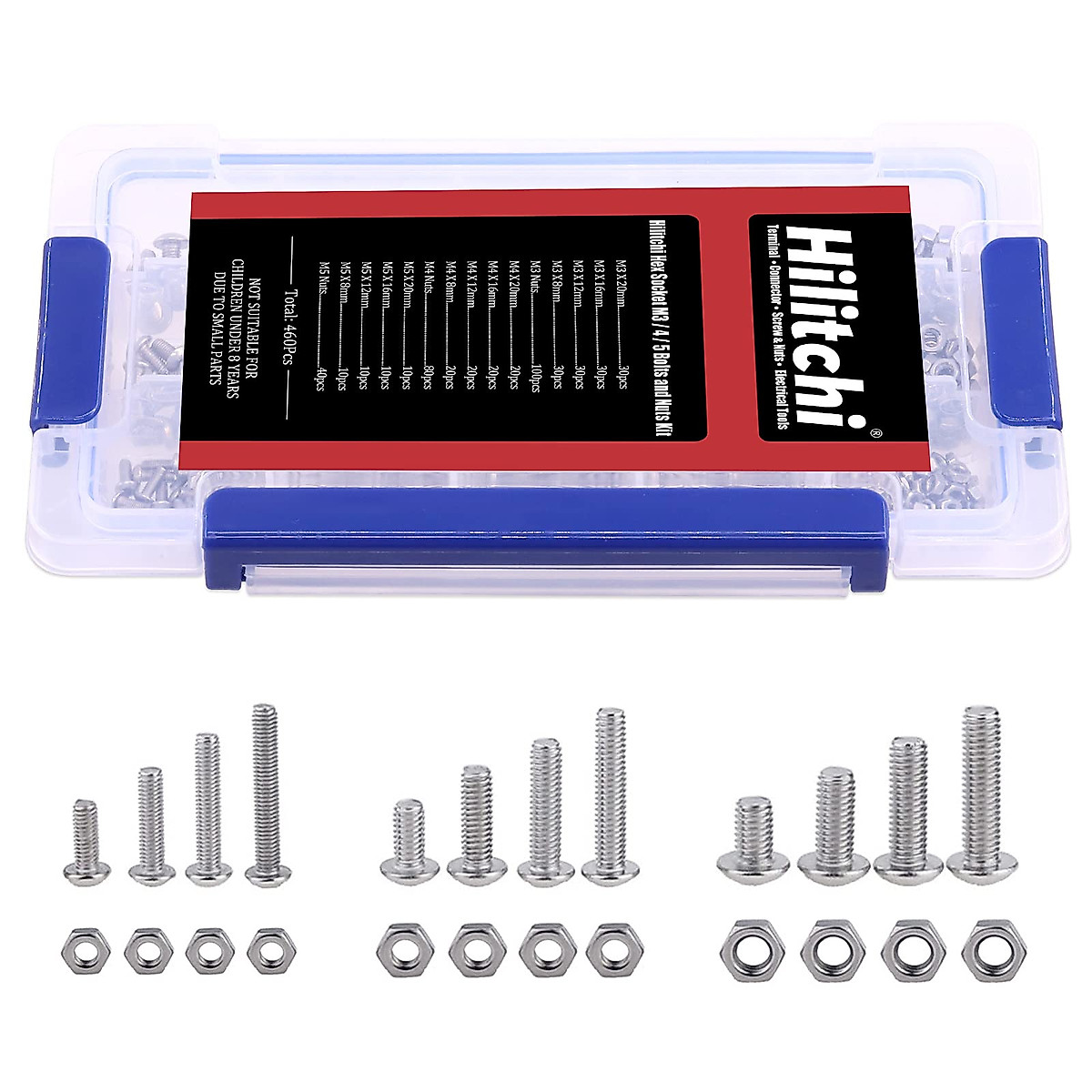 Hilitchi 460-Piece M3 M4 M5 Stainless Steel Button Head Hex Socket Head Cap Bolts Screws Nuts Assortment Kit