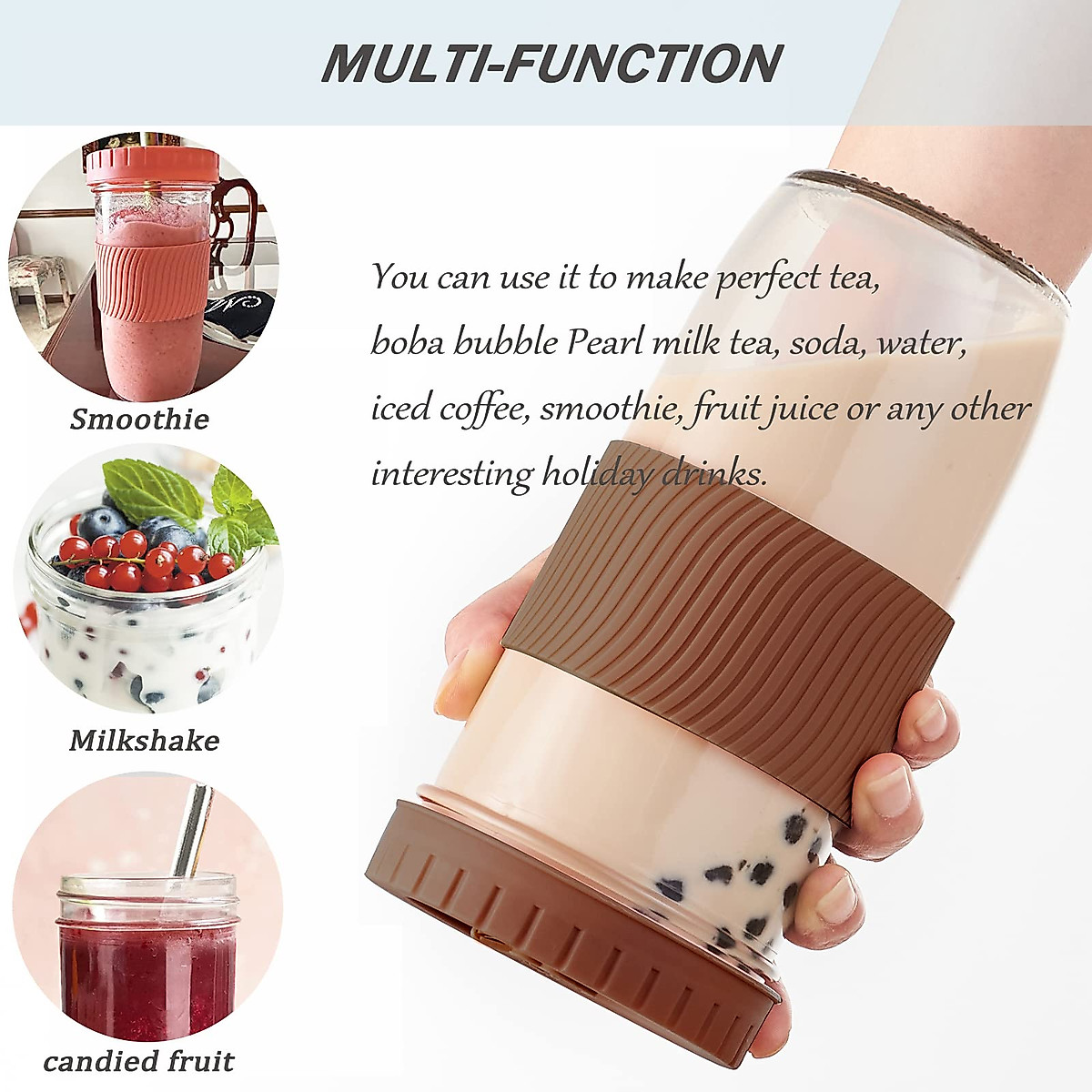 Amyoole 2 Pack Reusable Boba Cup,24Oz Wide Mouth Smoothie Cup,mason Jar Glass Cups with Lids and Straws,Bubble/Boba Tea Cups,Ice Coffee Tumbler 2 colored straws 1 sponge brush(Brown)