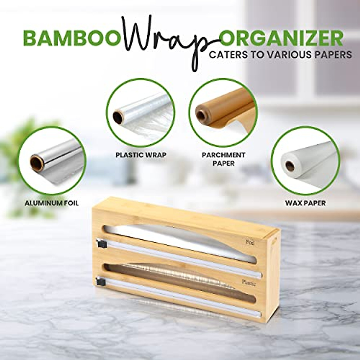 Utopia Kitchen 2 in 1 Plastic Wrap Dispenser with Cutter, Aluminum Foil and Plastic Wrap Organizer with Cutter, Bamboo Dispenser for Kitchen Organization and Storage - Fits 12 Inch Rolls - Natural