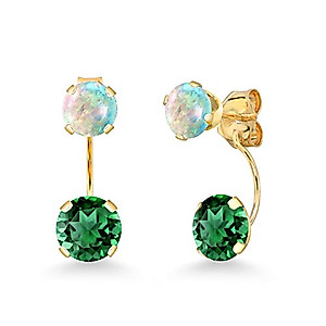 Gem Stone King 14K Yellow Gold Green Nano Emerald and White Opal Dual Drop 2 Stone Round Earrings for Women (2.54 Cttw, Gemstone Birthstone, Round 6MM and 5MM)