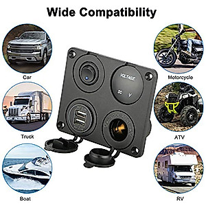 Linkstyle 4 in 1 Charger Socket Panel, 12V 4.2A Dual USB Charger Socket Power Outlet & LED Voltmeter & Cigarette Lighter Socket & LED Lighted ON Off Rocker Toggle Switch for Car Marine Boat RV Truck