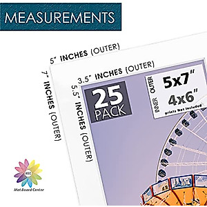 Mat Board Center, Pack of 25, 5x7 White Picture Mats with White Core for 4x6 Pictures