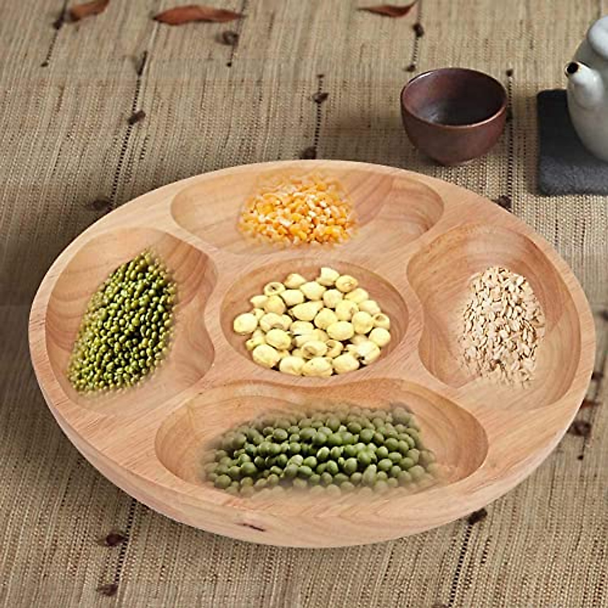 5 Sectional Round Serving Tray Sectional Tray, Wooden Divided Serving Platter/Tray Chip and Dip Bowl Fruit Dessert Dish Tableware Tray (25cm)