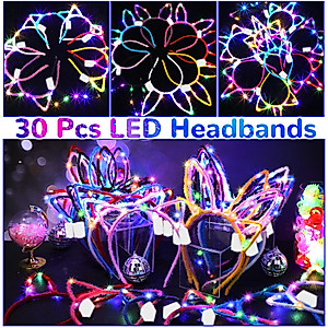Janinka 30 Pcs LED Glow in the Dark Headband Set, 10 Cute Cat Ears Luminous Headband 10 Rabbit Bunny Ear Hairband 10 Unicorn style Light up Headband for Women Girls Birthday Party Supplies