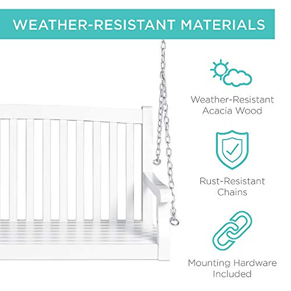 Best Choice Products 48in Wood Porch Swing Outdoor Patio Hanging Bench Chair Furniture for Deck, Garden, Yard w/Mounting Chains, Curved Back Design, 500lb Weight Capacity - White