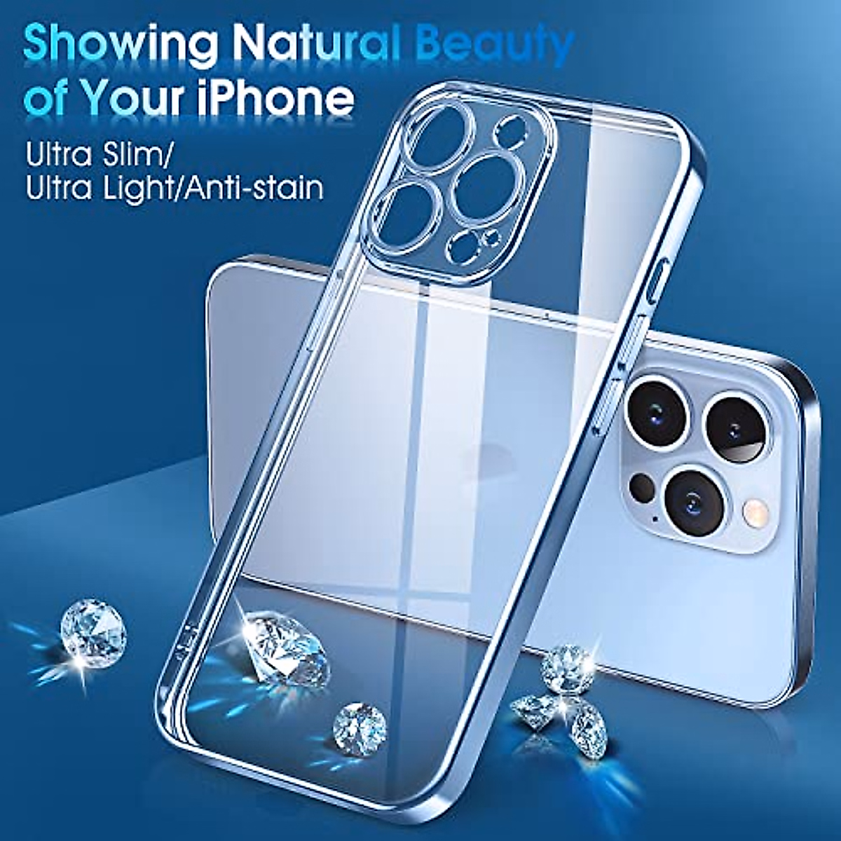 Supdeal Crystal Clear Case for iPhone 13 Pro Max, [Not Yellowing] [Military Grade Drop Tested] Shockproof Protective Phone Case Soft Silicone Slim Cover with Camera Protection, 6.7 inch, Blue