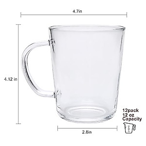 Cadamada Glass Coffee Mugs, 12oz Glass Coffee Cups with Handle for Coffee,Latte, Cappuccino, Tea, Fruit Juice, Water, Office, Set of 12