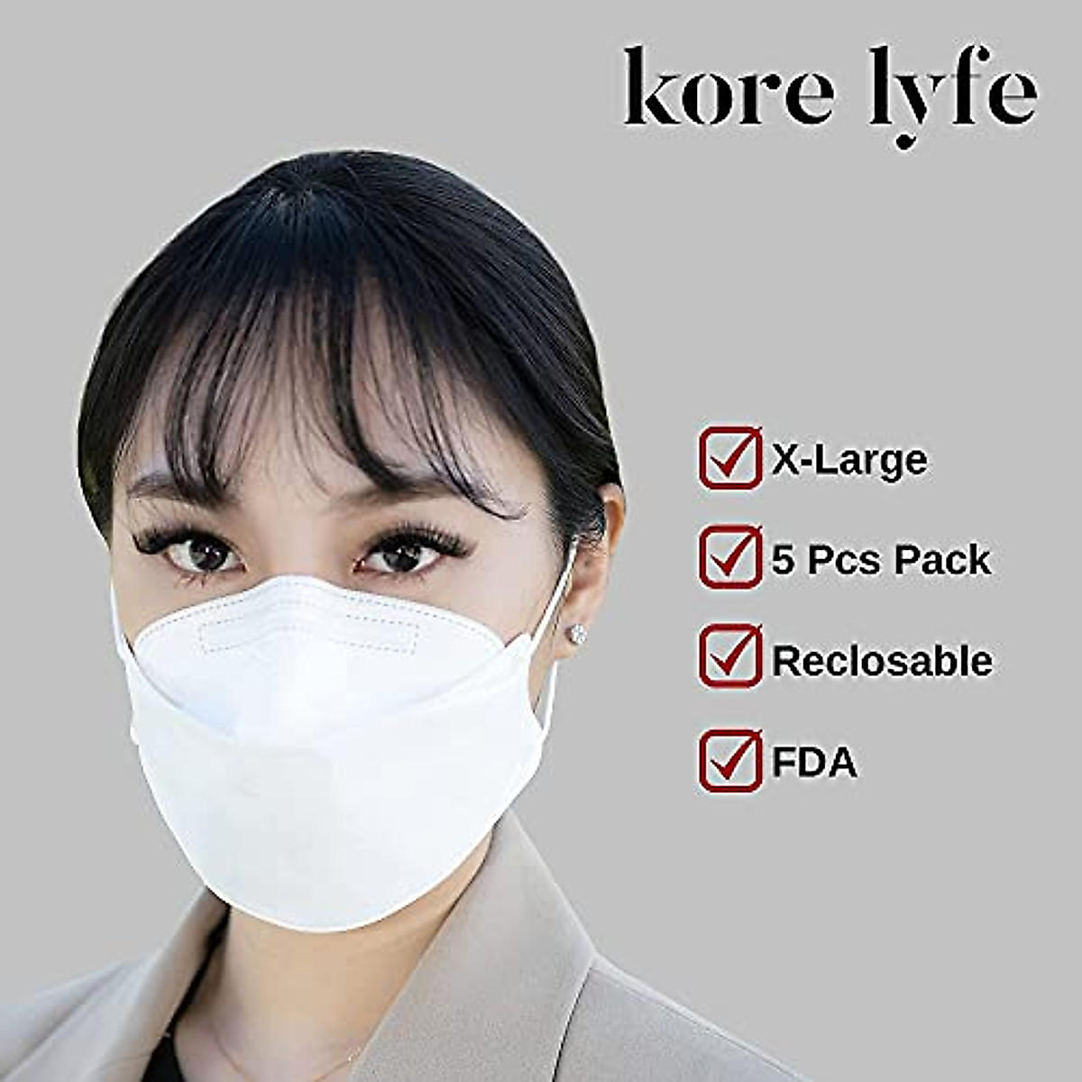 [10 PCS] 25% LARGER KF94 Face Mask - X-LARGE WHITE - [Made in Korea] - In 5 PCS Reclosable Package - Breathable Premium Quality - [Package in English]
