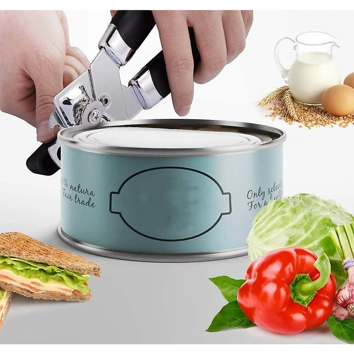 ANDILL Can Opener Manual, Good Grips Anti-slip Hand Grip, Stainless Steel Sharp Blade, with Large Turn Knob, Black/Silver, 8.26 x 2.36 x 2