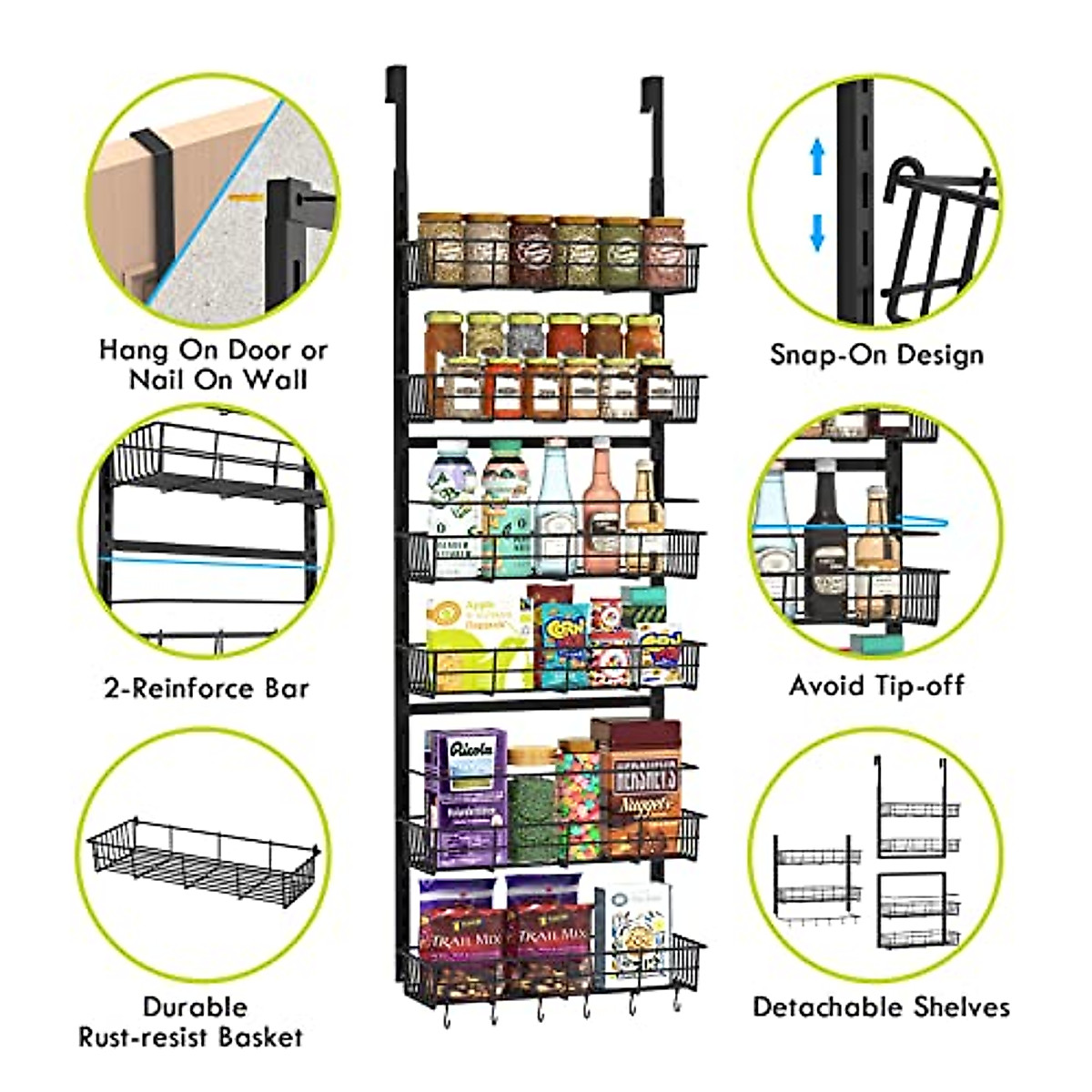 Mefirt Over The Door Pantry Organizer, Wall Mount Spice Rack, 6 Adjustable Baskets and Dual-use (Multi-use) Heavy-Duty Metal Hanging Seasoning Rack-Kitchen Organization,Bathroom,Closet, Cabinet,Cans