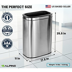Alpine Industries 40 L / 10.5 Gal Stainless Steel Slim Open Trash Can - Compact Garbage Bin - Wide Access Top Slender Durable Receptacle with Sturdy Plastic Liner