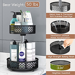 Lazy Susan Organizer 2 Tier Metal Steel, Turntable Height Adjustable, No-Slip Suction Base, Bathroom Kitchen countertop Organizer, Rotating Spice Rack for Cabinet Countertop Pantry, 10" Black