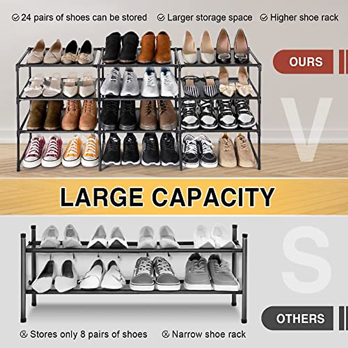 HOUSE AGAIN 4 Tier Long Shoe Rack for Closet, Shoe Shelf 24-Pairs Wide Non-Woven Cloth Max Weight 100LBS, Storage Organize for Floor, Bedroom, Entryways, Garages, Dorm, Apartments, Black