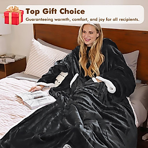 Tirrinia Sherpa Hood Wearable Blanket for Adult Women and Men, Super Soft Comfy Warm Plush Throw with Sleeves TV Blanket Wrap Robe Hoodie Cover for Sofa, Couch 72" x 55" Black