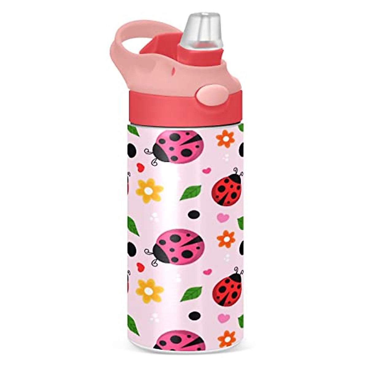 ALAZA Cute Ladybug Flower on Pink Background Kids Water Bottles with Lids Straw Insulated Stainless Steel Water Bottles Double Walled Leakproof Tumbler Travel Cup for Girls Boys Toddlers 12 oz,Pink