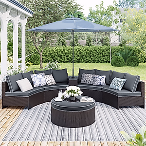 GINGVAT 6 Pieces Patio Sectional Half Outdoor Rattan PE Wicker Conversation Sofa Set, Storage Side Umbrella and One Multifunctional Round Table, Brown+ Gray